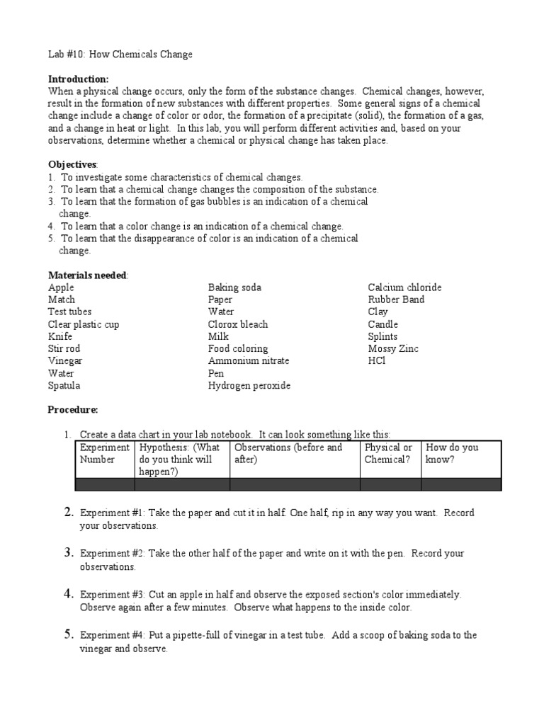 Chemical vs. Physical Changes Lab | PDF | Bleach | Experiment