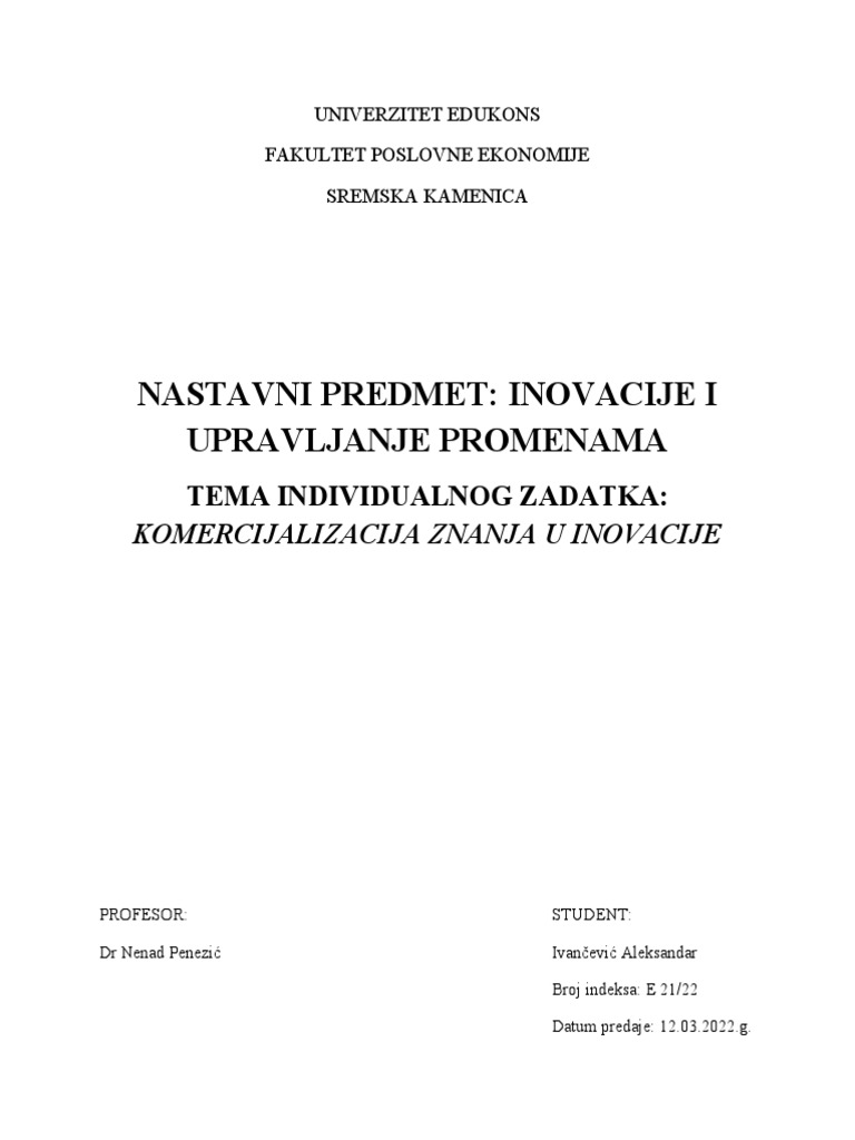 Komercijalizacija Znanja U Inovacije | PDF