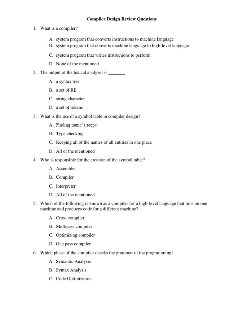 Compiler Design Review Questions Guide | PDF | Parsing | Compiler