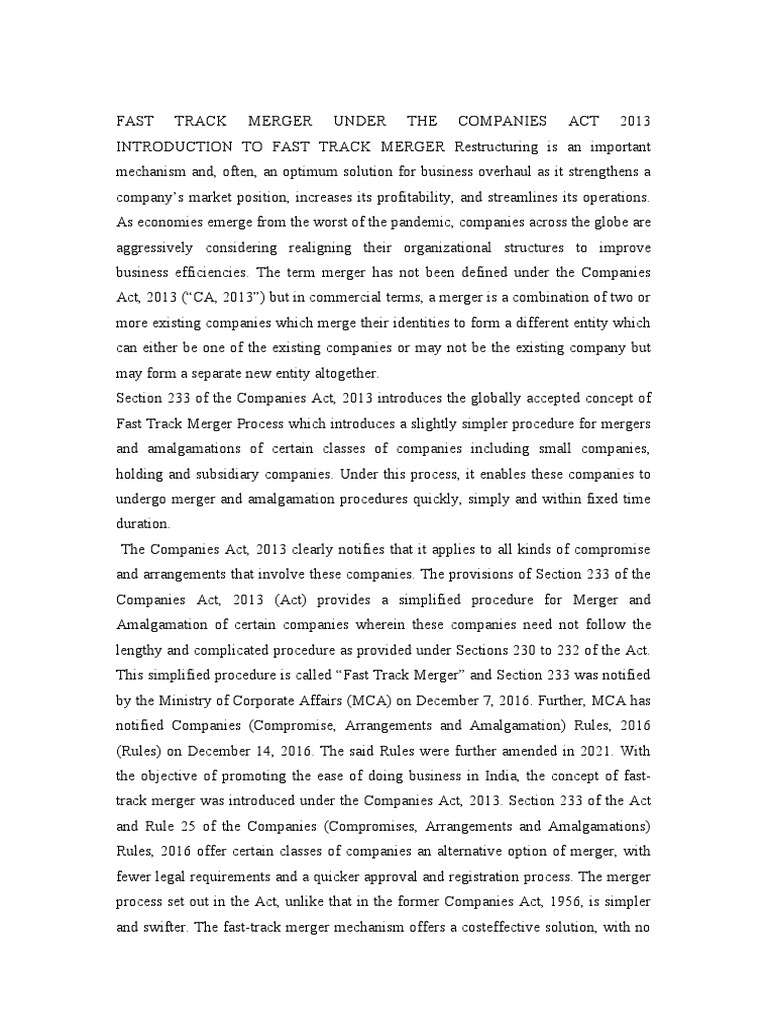 FAST TRACK MERGER UNDER THE COMPANIES ACT 2013 INT | PDF | Mergers And ...