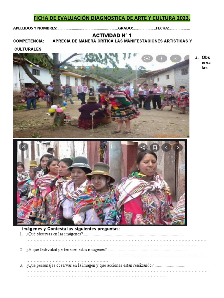 Evaluacion Diagnostica Arte Y Cultura 1º 2023 Pacucha Pdf 3399
