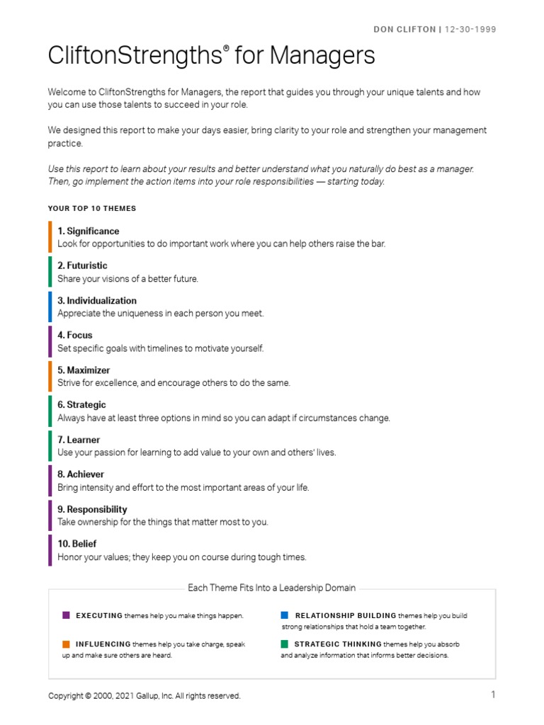 CliftonStrengths For Managers Sample Report | PDF | Goal ...