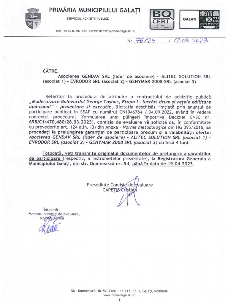 Solicitare prelungire valab. oferta si gar.particip._Asoc.Gendav-Alitec-Evrodor-Genymar | PDF