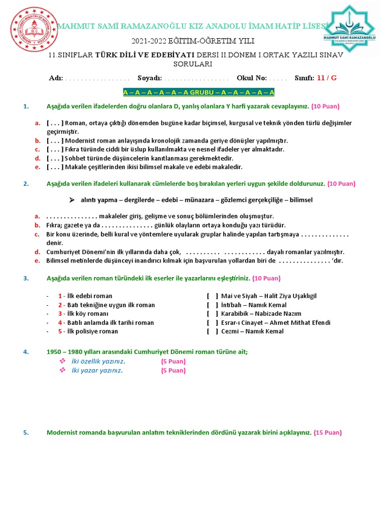 11.sinif Turk Dili Ve Edebiyati Dersi 2.donem 1.ortak Yazili Sorulari 2021 2022 | PDF