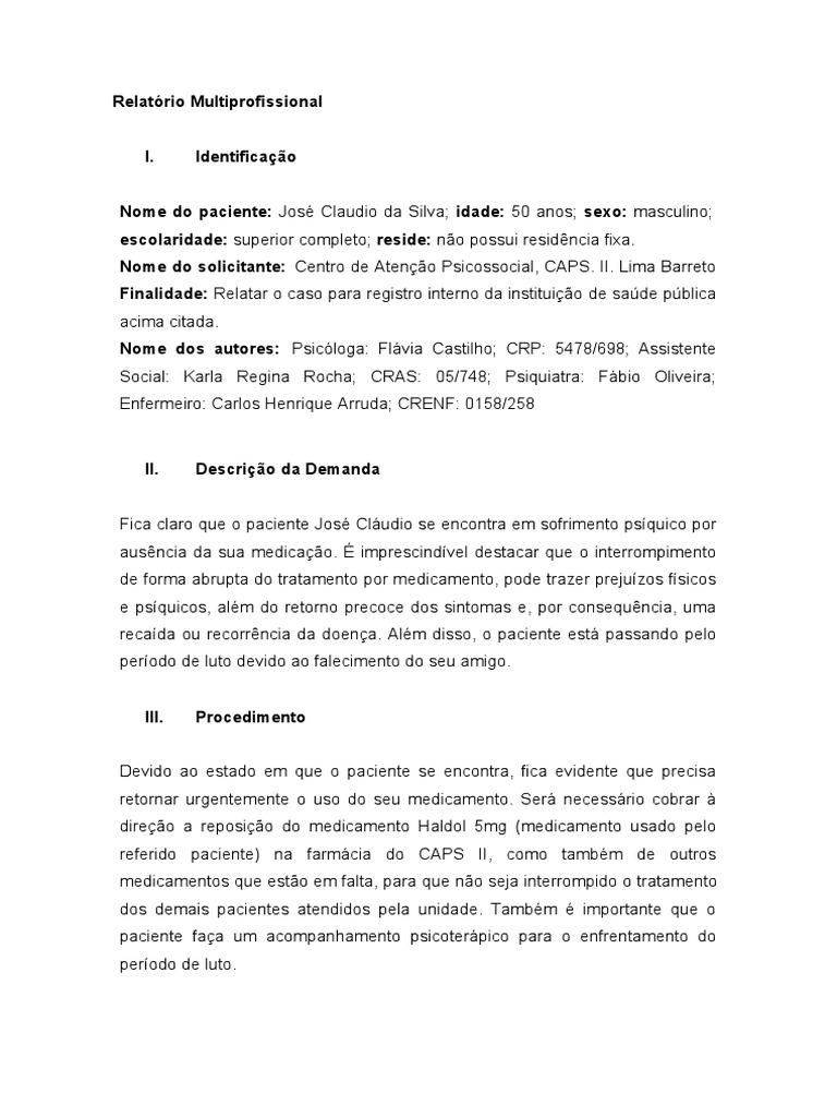 Relatório Multiprofissional | PDF | Psiquiatria | Remédio