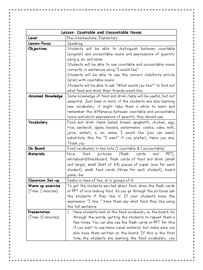 Countable & Uncountable Nouns Lesson Plan | PDF | Noun | Linguistics Countable & Uncountable Nouns Lesson Plan | PDF | Noun | Linguistics