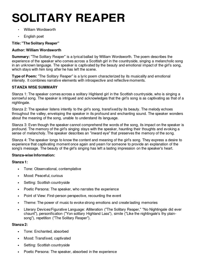 Solitary Reaper NOTES | PDF | Poetry | Narration