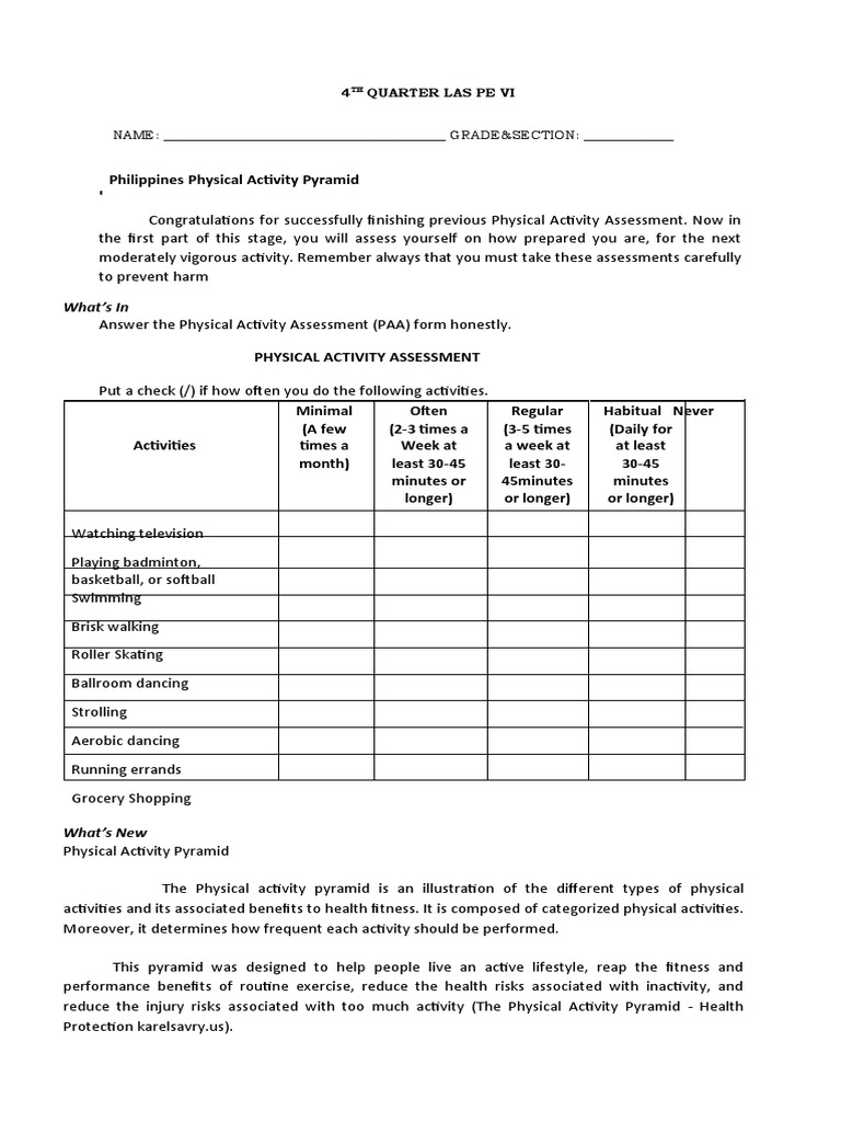 Grade 6 Philippine Physical Activity Pyramid | PDF | Physical Fitness ...