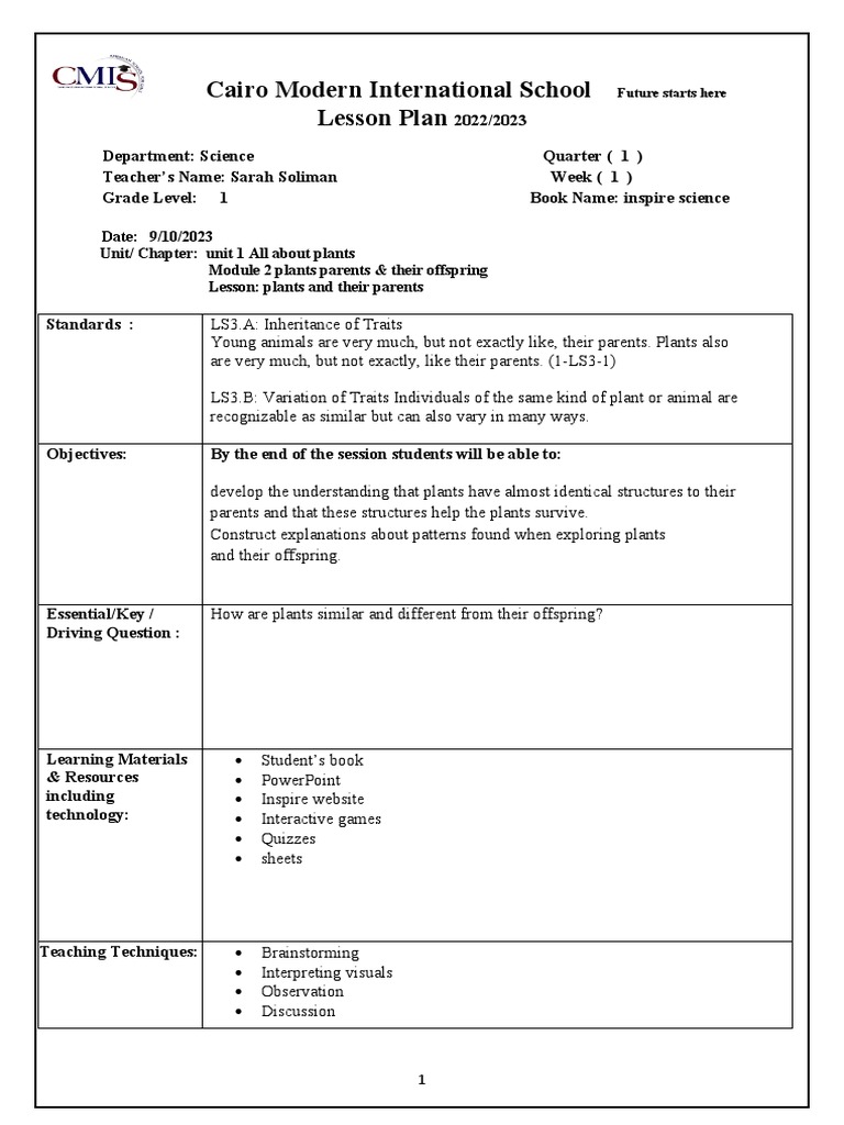 Plants Parent & Their Offspring Lesson Plan Week 4 | PDF | Lesson Plan ...