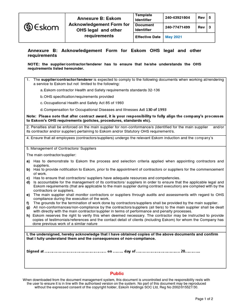 Annexure B Acknowledgement of Eskom SHE Requirements | PDF