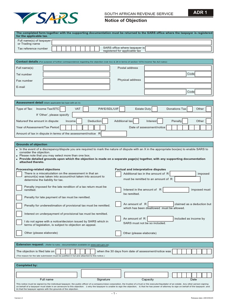 ADR1 - Notice of Objection | PDF | Taxes | Taxpayer