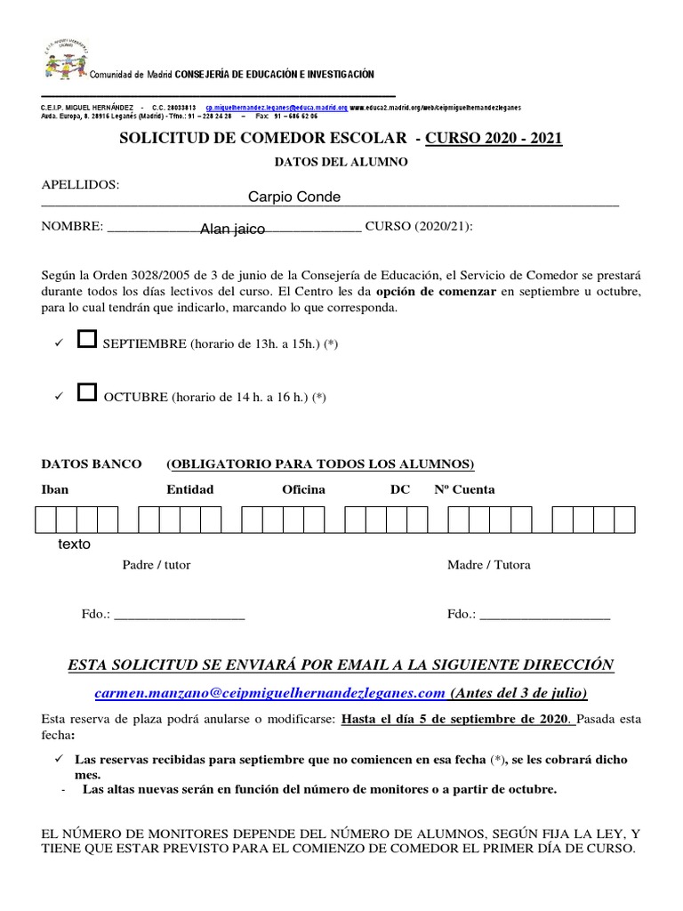 Solicitud de Comedor Escolar 1 | PDF