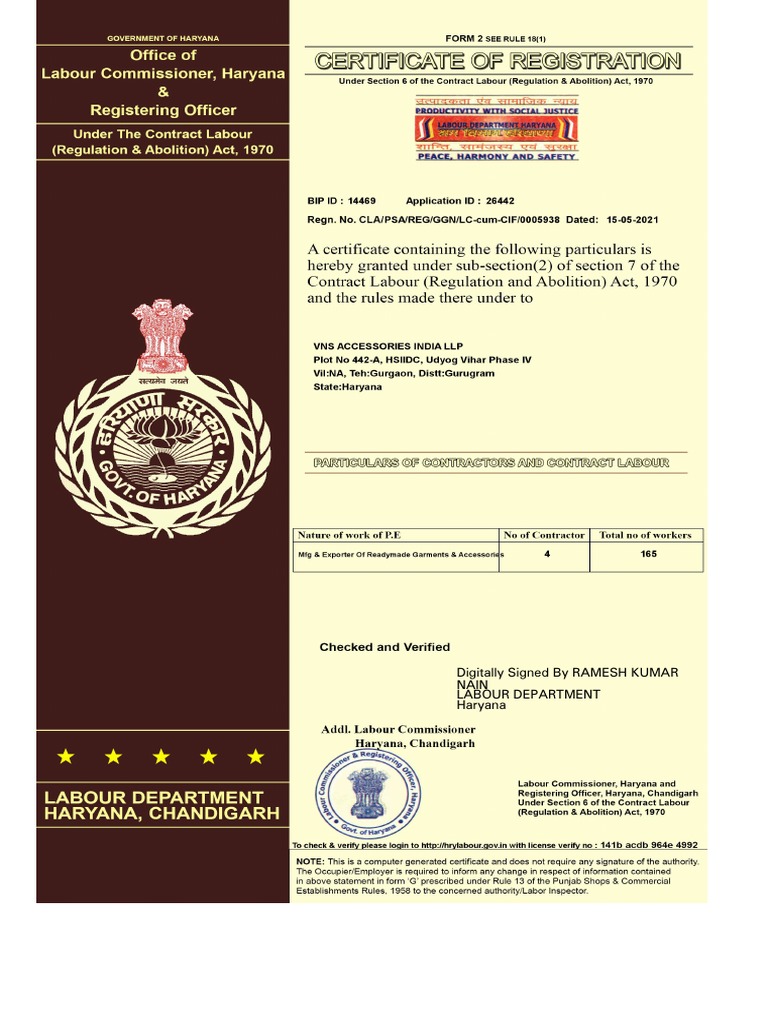 Digitally Signed by RAMESH KUMAR Nain Labour Department Haryana | PDF ...