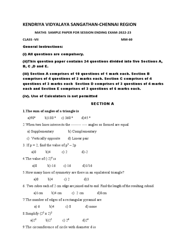 Maths Sample Paper for Class VII | PDF | Circle | Area
