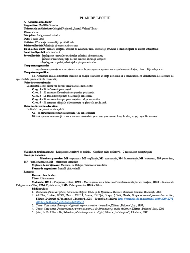 PLAN DE LECȚIE - 07 Iunie 2023 | PDF