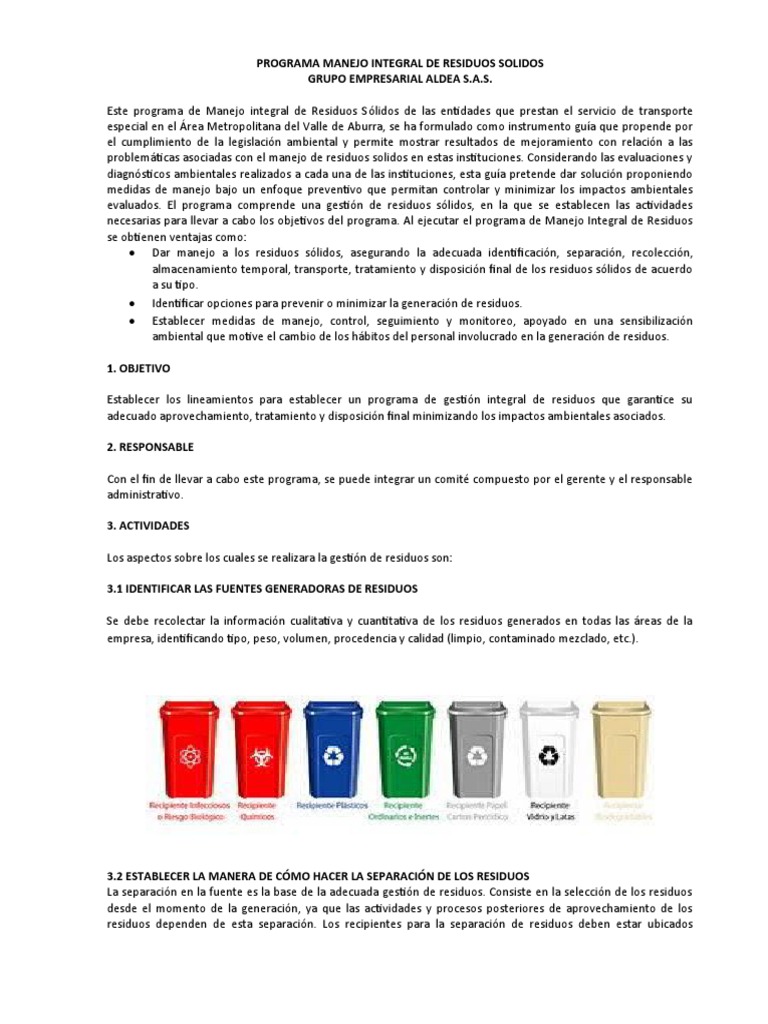 Plan Integral de Manejo de Residuos Sólidos | PDF | Residuos | Reciclaje