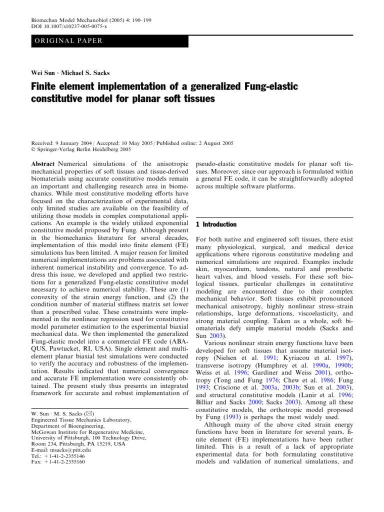 Finite Element Implementation of A Generalized Fung Elastic Constitutive Model For Planar Soft ...