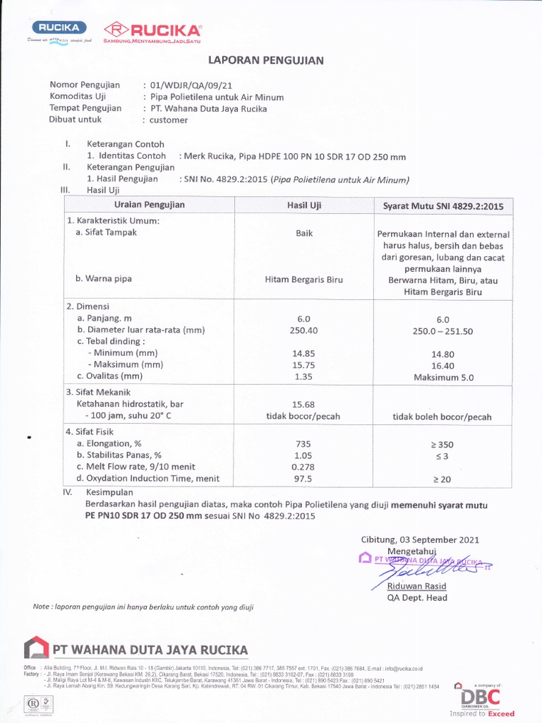 Mill certificate HDPE PN10 & PN12.5 Dia. 250 mm | PDF