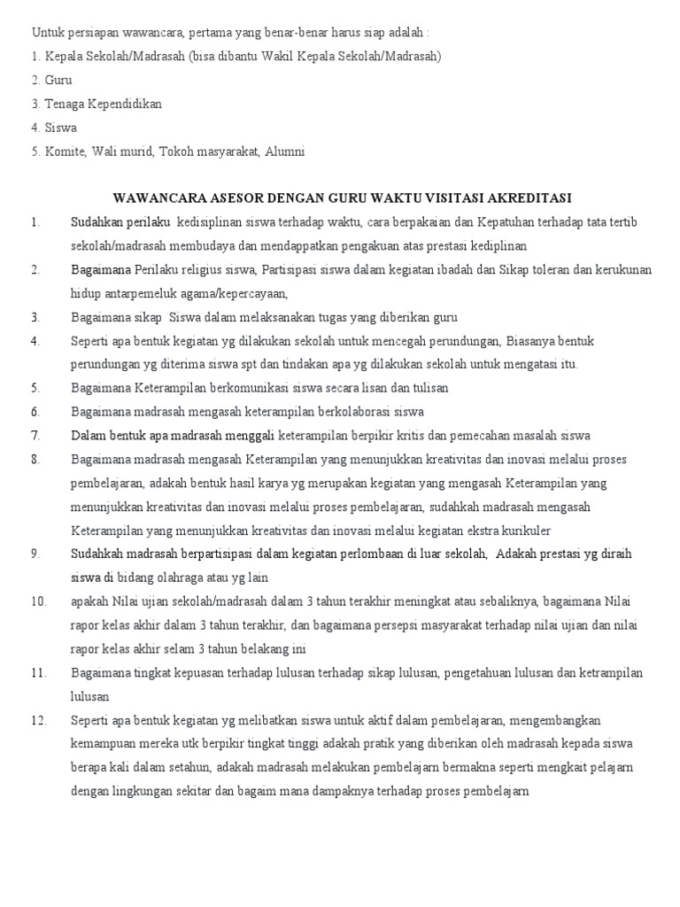 Wawancara Asesor Waktu Visitasi Akreditasi | PDF | Karier & Perkembangan | Ilmu Sosial