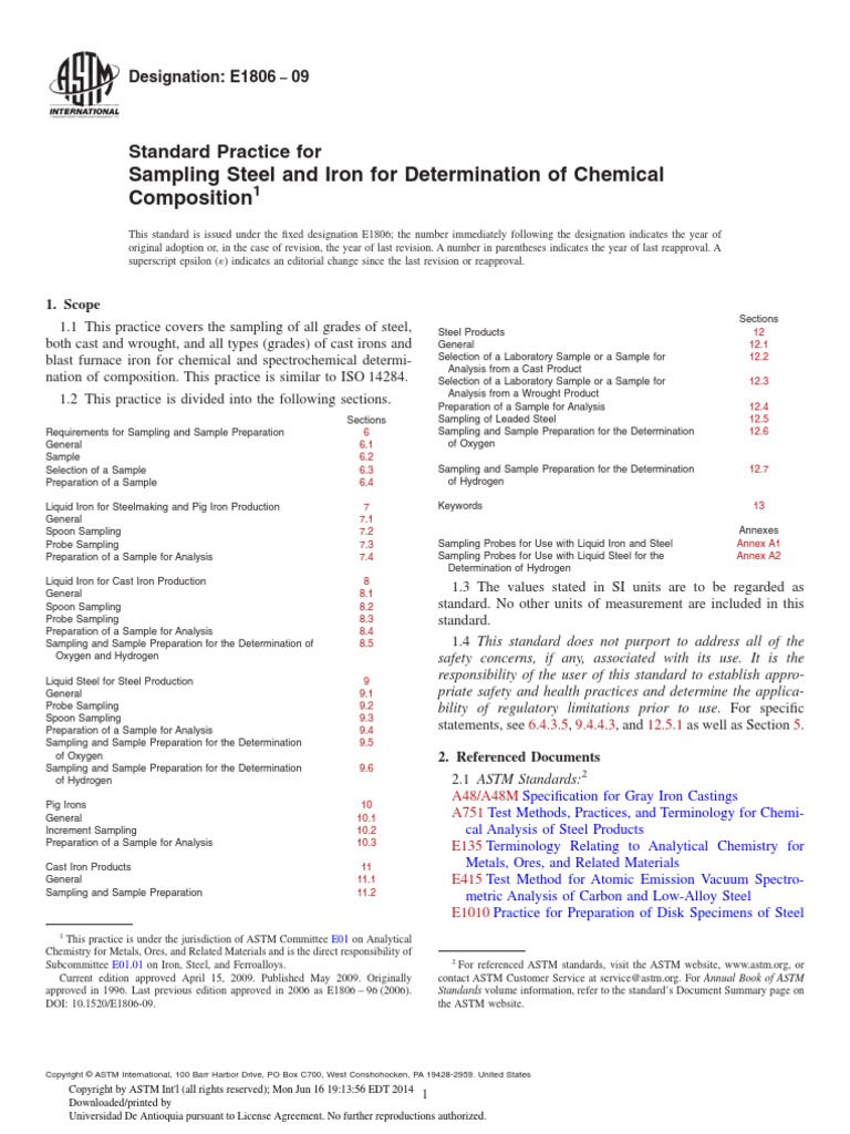 ASTM E1806 09 Standard Practice For Sampling Steel and Iron For ...