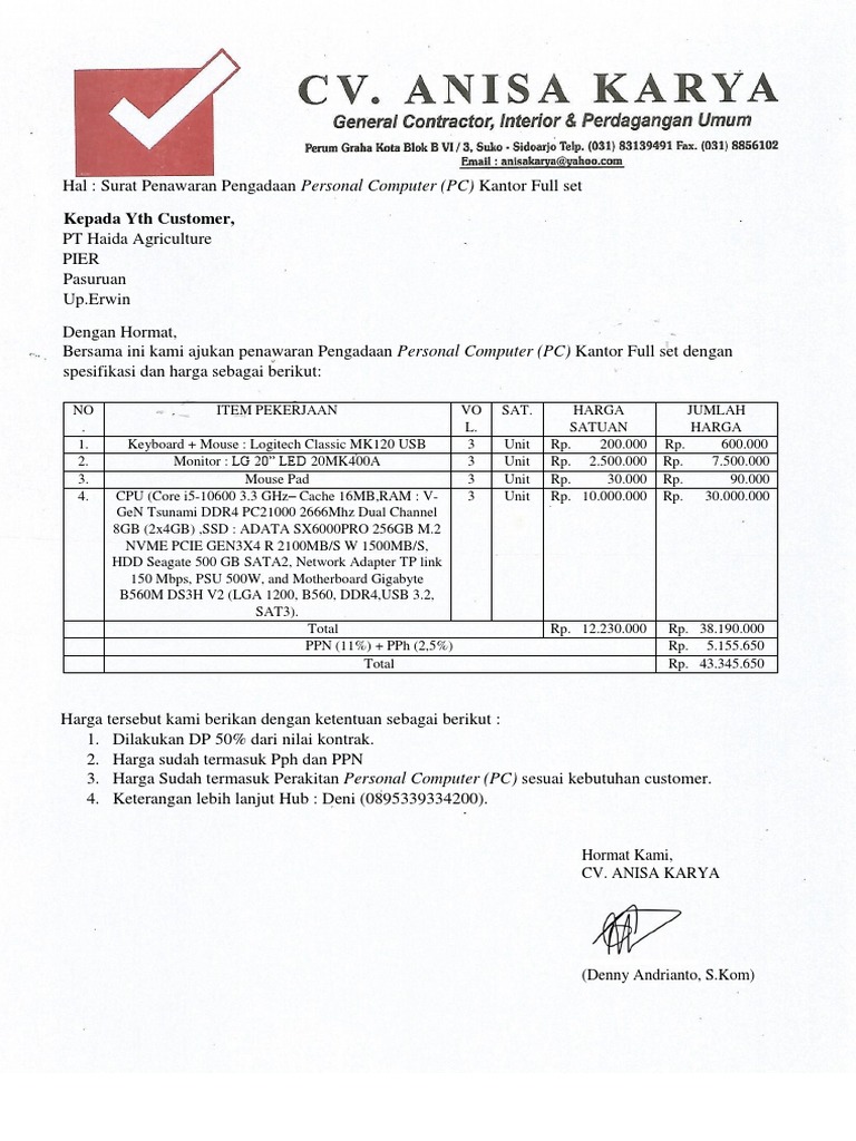 Penawaran Pengadaan Personal Computer CV. Anisa Karya (Spek High) | PDF