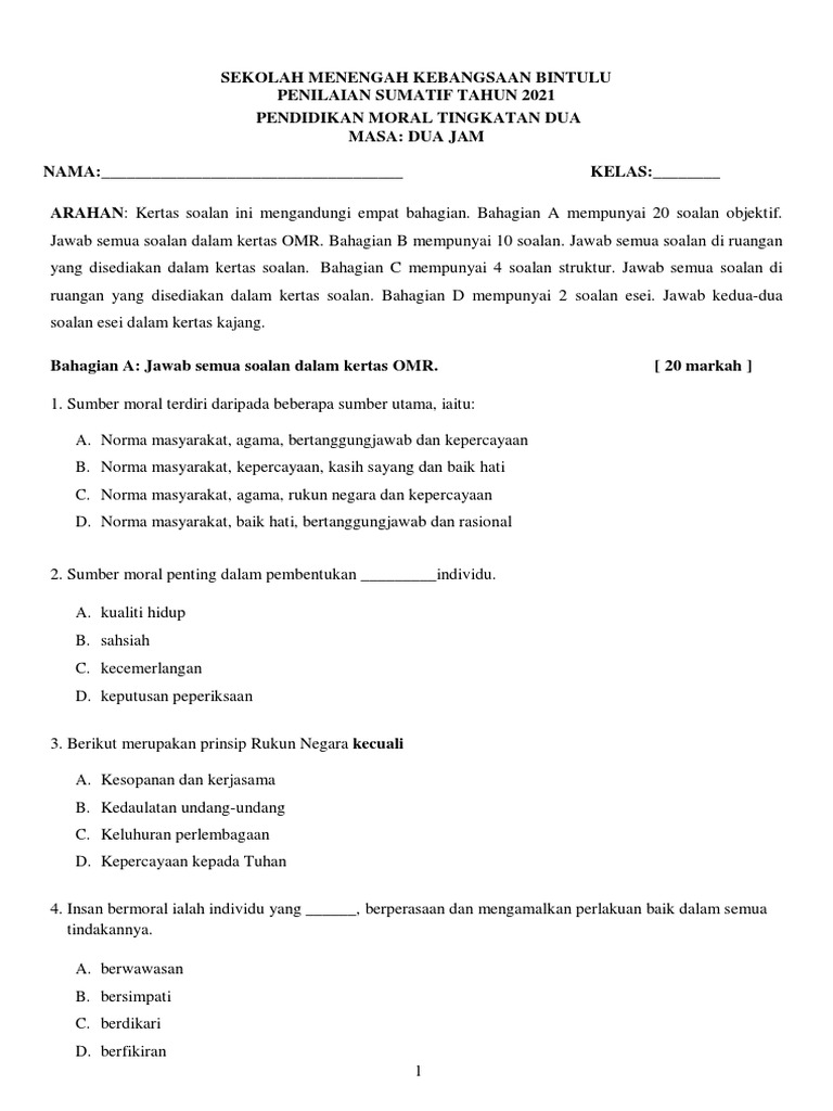 Penilaian Sumatif 2021 Pendidikan Moral Tingkatan 2 | PDF