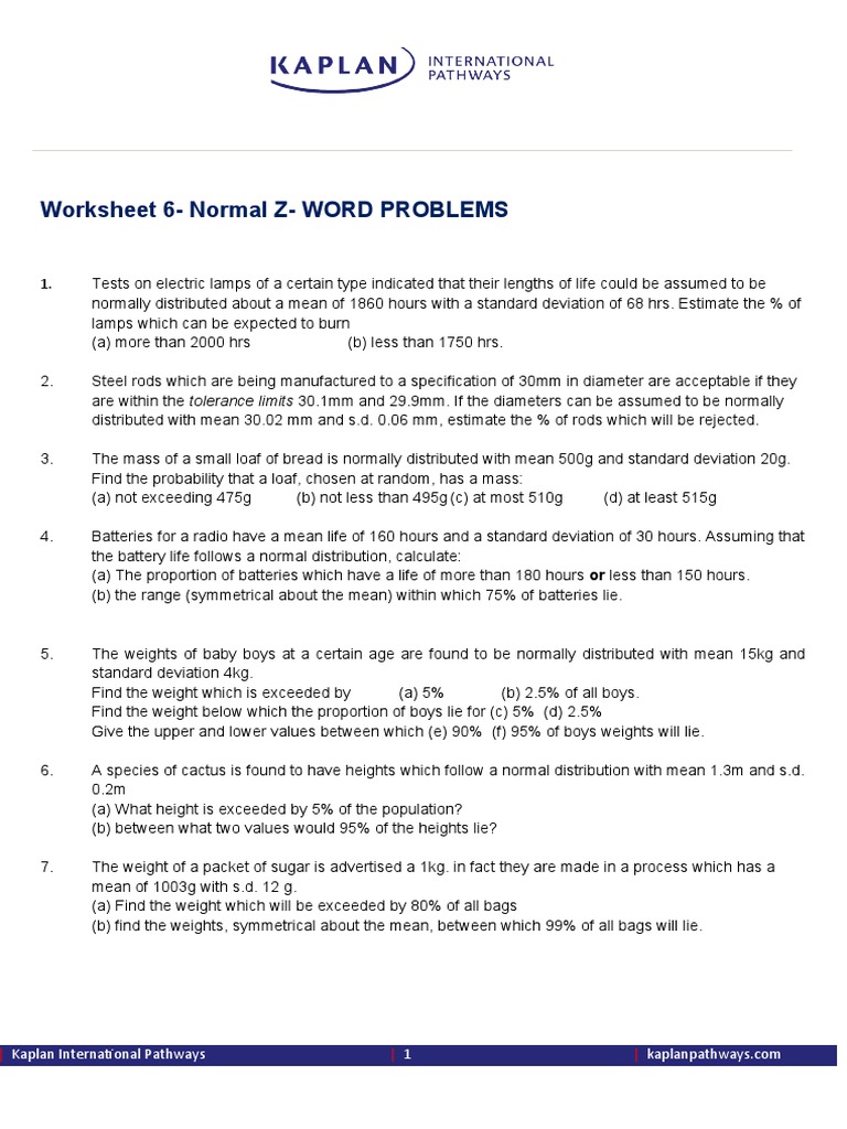 FC301 - Revision WORKSHEET 9 - Normal Z | PDF | Standard Deviation | Normal Distribution