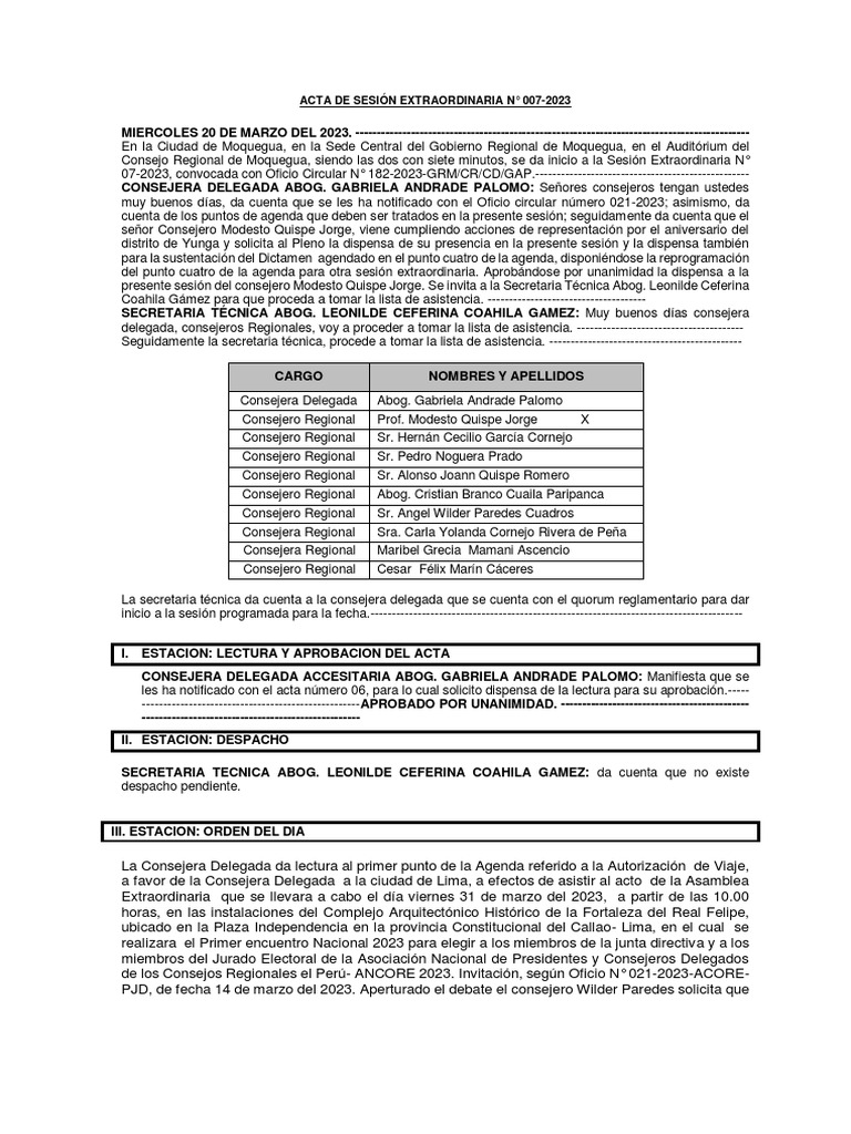 Acta Sesion Extraordinaria 007-2023 | PDF