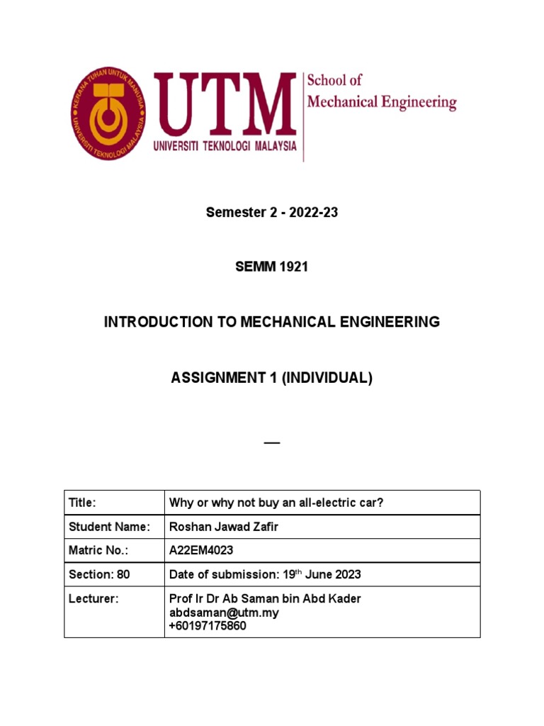 Individual Assignment 1 - SEMM 1921-80 - A22EM4023 | PDF | Electric Vehicle | Electric Car