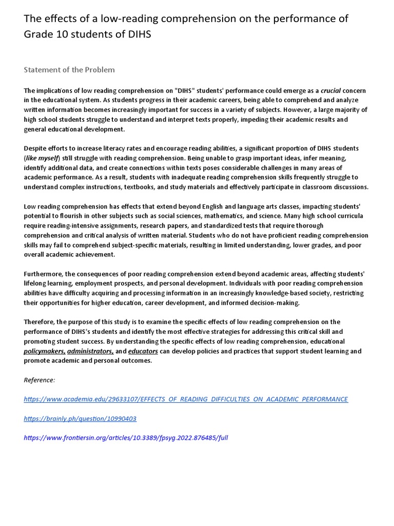 The Effects Of A Low Reading Comprehension On The Performance Of Grade