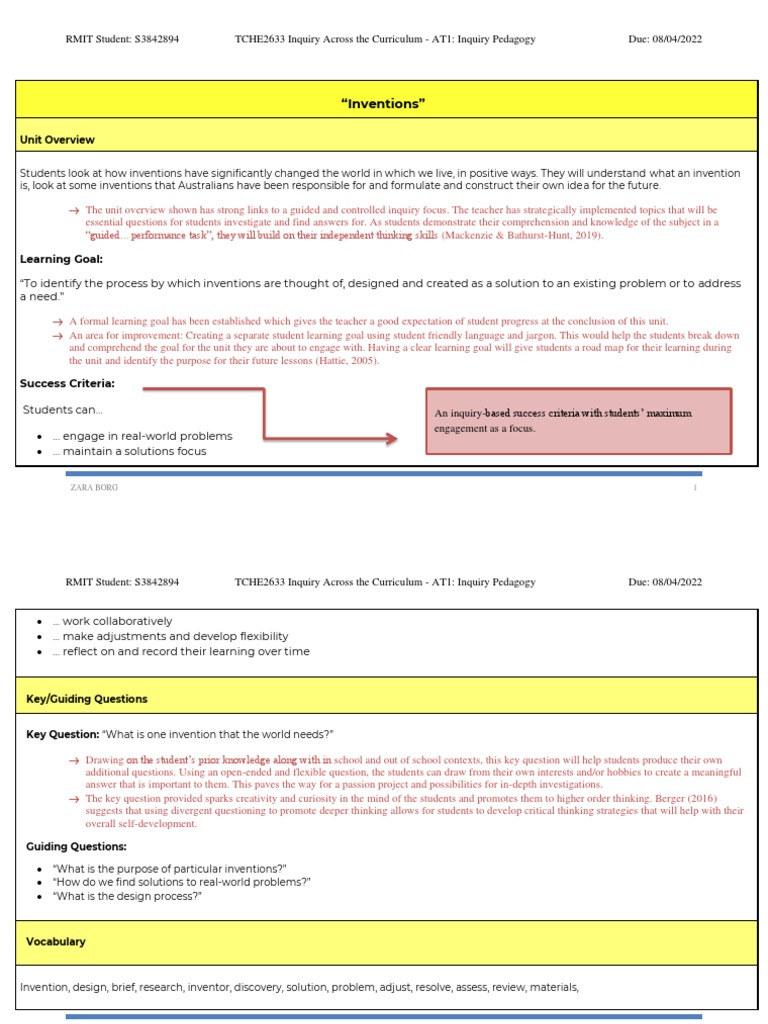 Inventions - Model Inquiry Pedagogy AT1 - Zara Borg | PDF | Inquiry ...