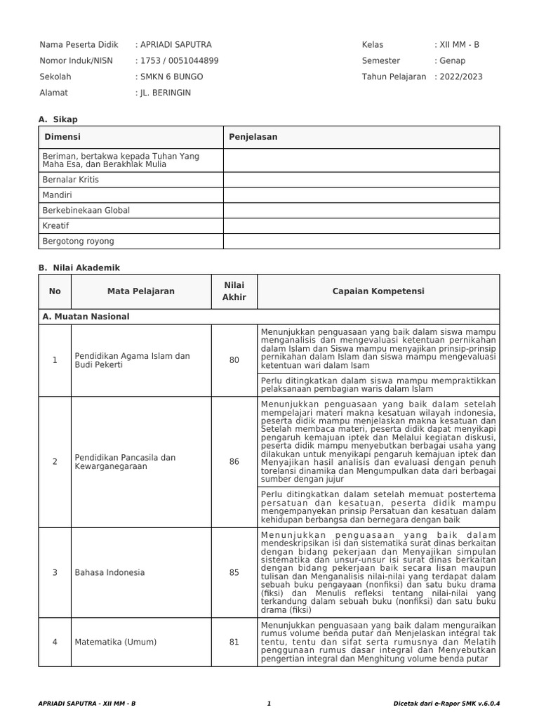 Rapor Akademik Apriadi Saputra XII MM-B | PDF
