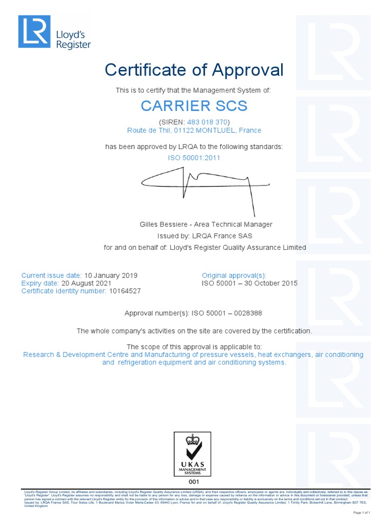 LRQA ISO 50001 2011 CARRIER Montluel EN 20 08 2021 - tcm213 53346 | PDF | Business | Private Law