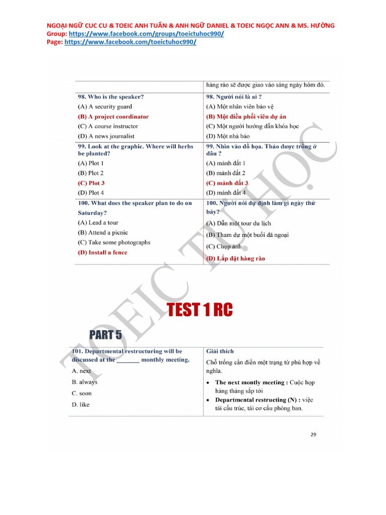 GIẢI ETS 2020 - TEST 1 RC Part 5 | PDF