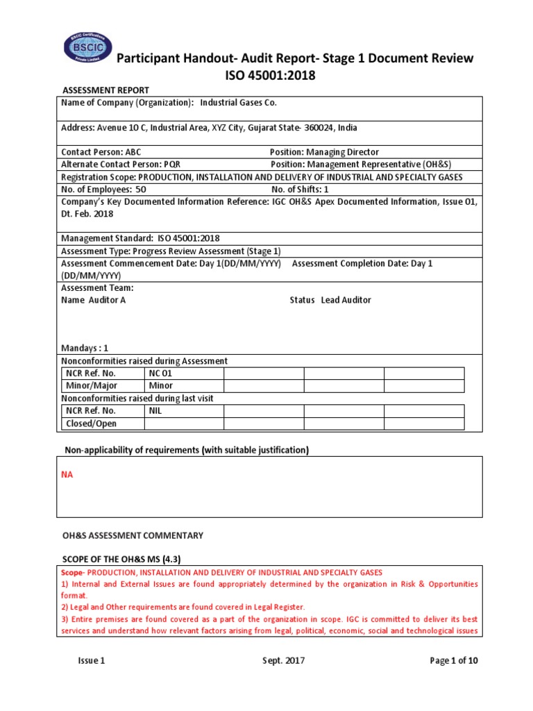 ISO 45001 Stage 1 Audit Report Sample | PDF | Audit | Risk