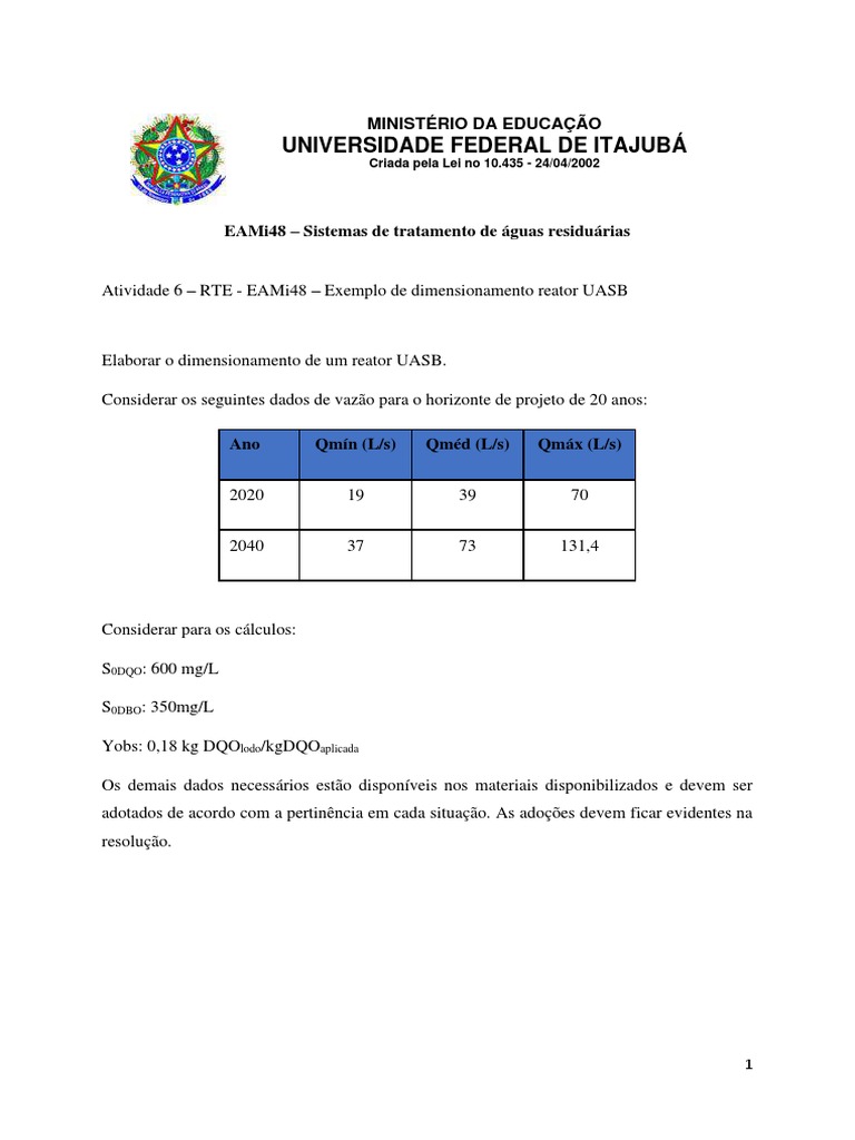 Exemplo dimensionamento - Reator UASB | PDF | Ciências Físicas