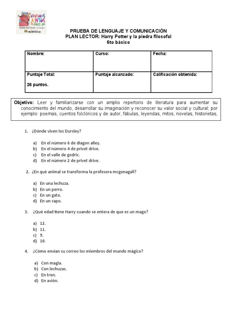 Prueba de Harry Potter y la piedra filosofal | PDF | Fantasía | Harry ...