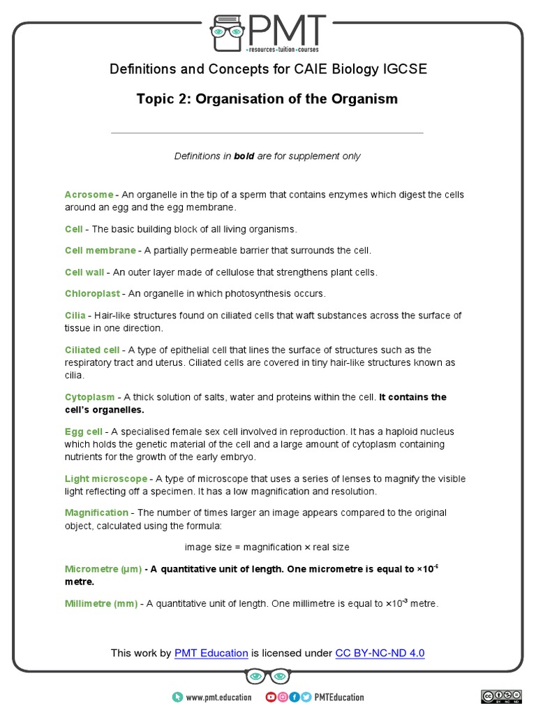 Definitions - Topic 2 Organisation of The Organism - CAIE Biology IGCSE ...