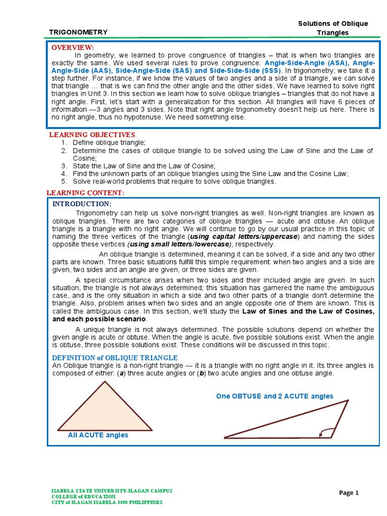 MODULE in OBLIQUE TRIANGLE | PDF | Triangle | Trigonometry
