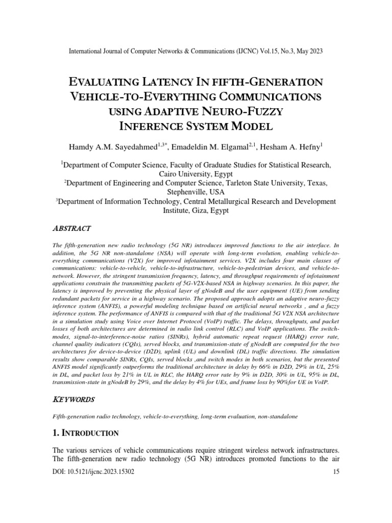 Evaluating Latency in Fifth-Generation Vehicle-To-Everything Communications Using Adaptive Neuro ...