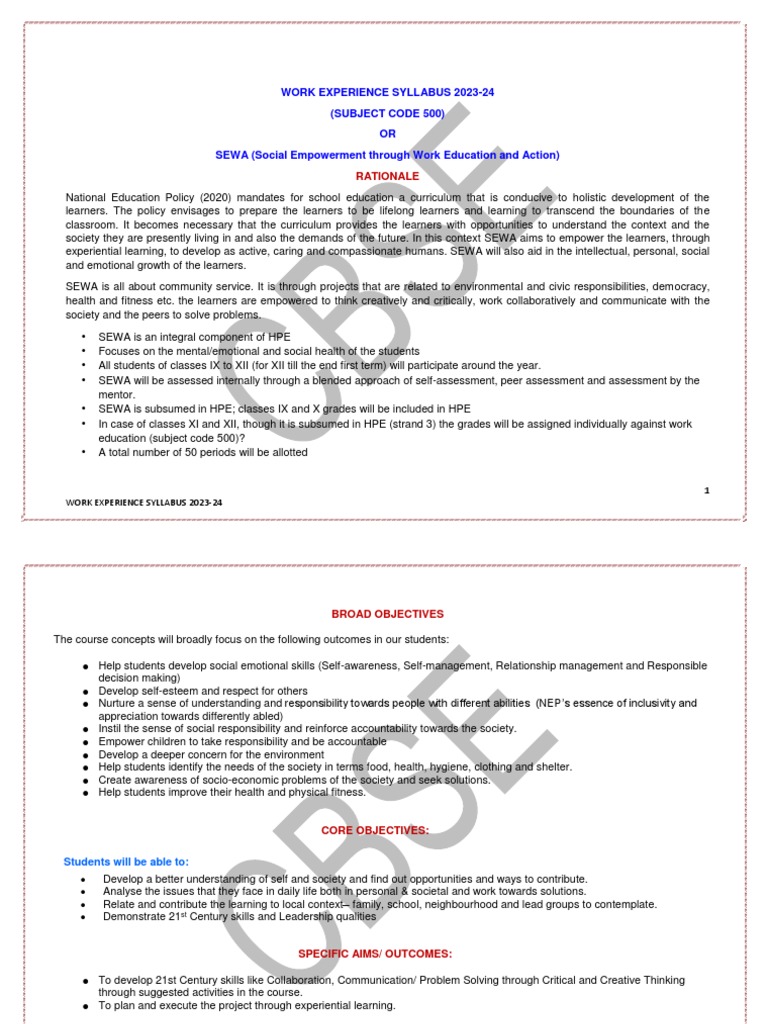 WorkExperience SrSec 2023-24 | PDF | First Aid | Learning