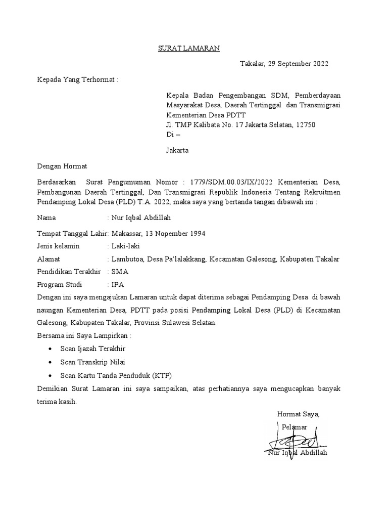 Surat Lamaran Pendamping Lokal Desa | PDF