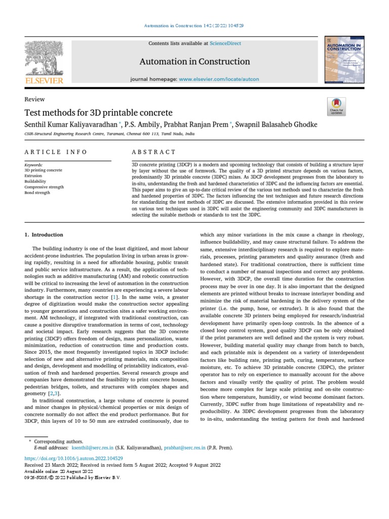 Review-Test Methods For 3D Printable Concrete | PDF | Concrete | Extrusion