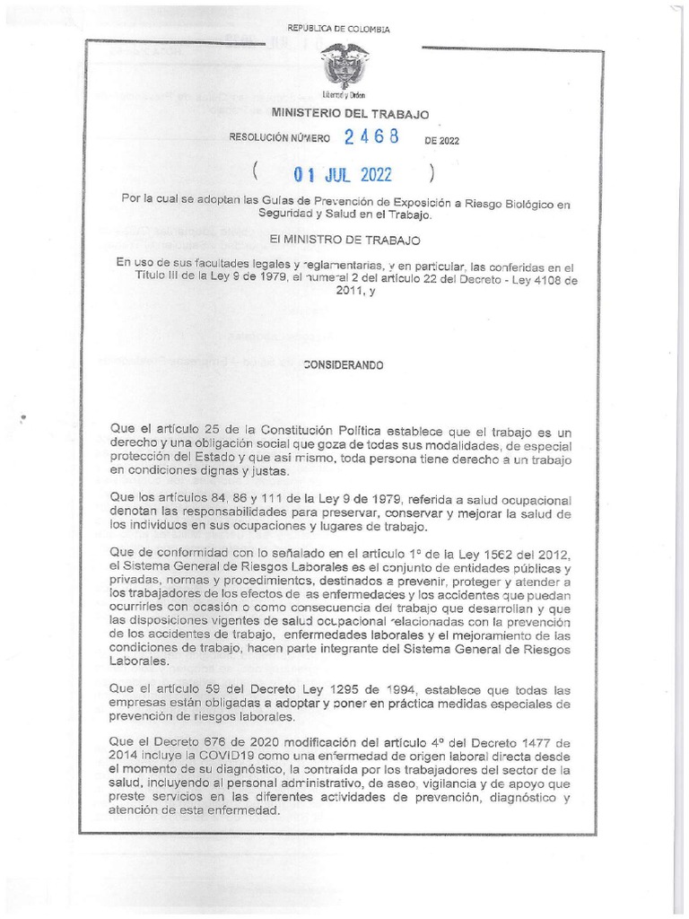 Res 2468 Del 1-7-2022 Guias de Riesgo Biologico | PDF