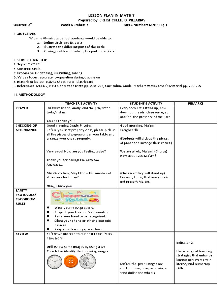 LESSON PLAN IN MATH 7 q3 | PDF | Circle | Angle