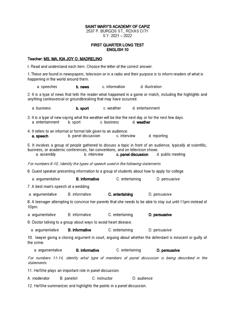 English 10 Long Test 1st Quarter | PDF