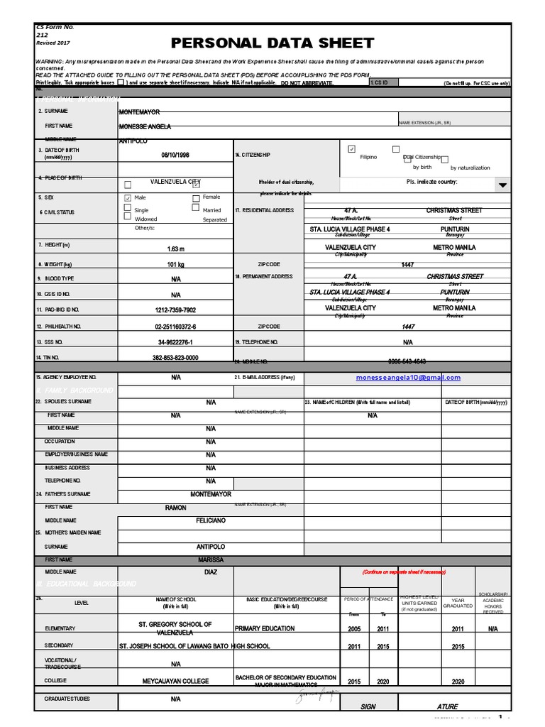 CS Form No. 212 Personal Data Sheet Revised | PDF | Teachers | Social ...