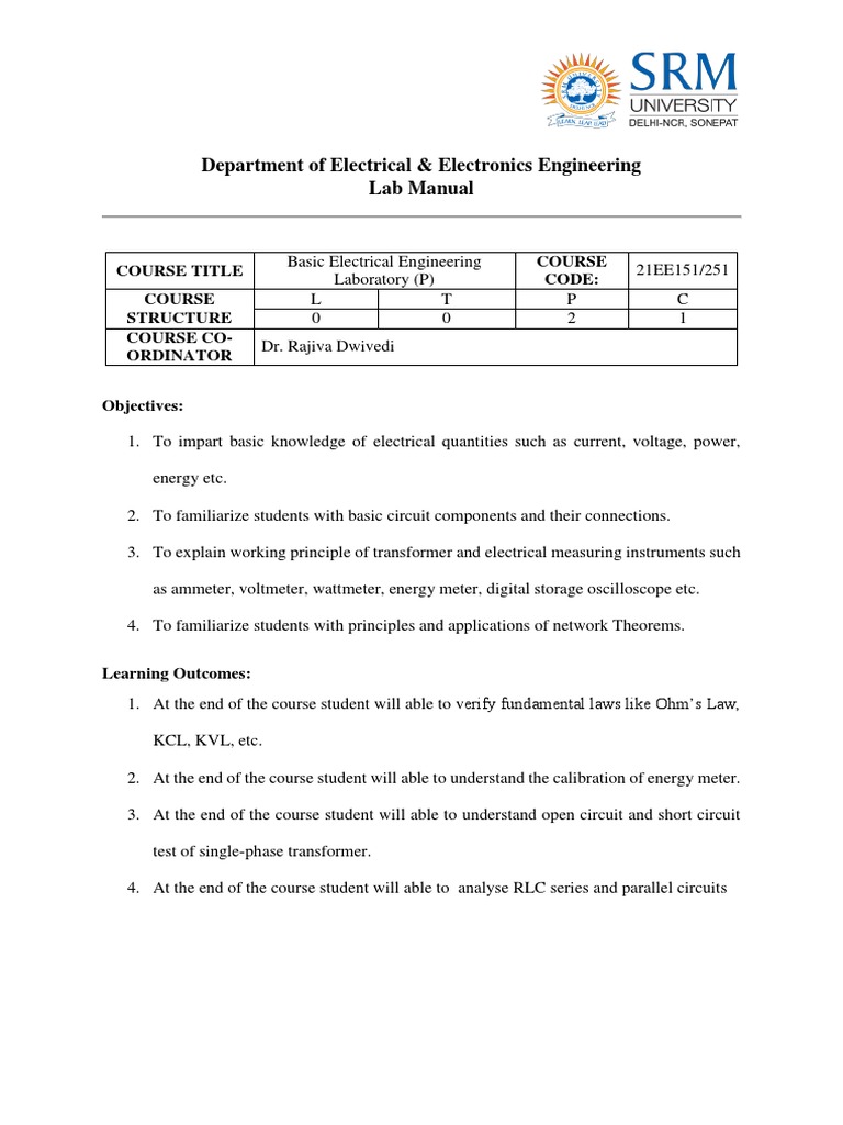 Basic Electrical Engineering Lab Manual | PDF | Capacitor | Resistor