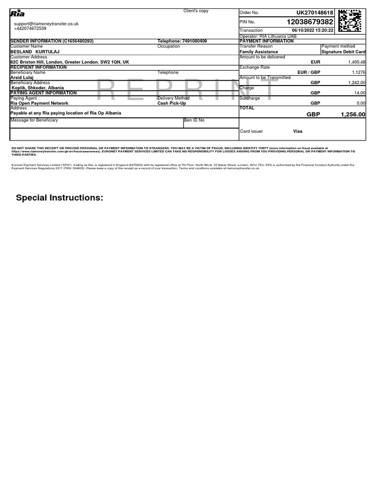 Reprint: Special Instructions | PDF | Payments | Receipt