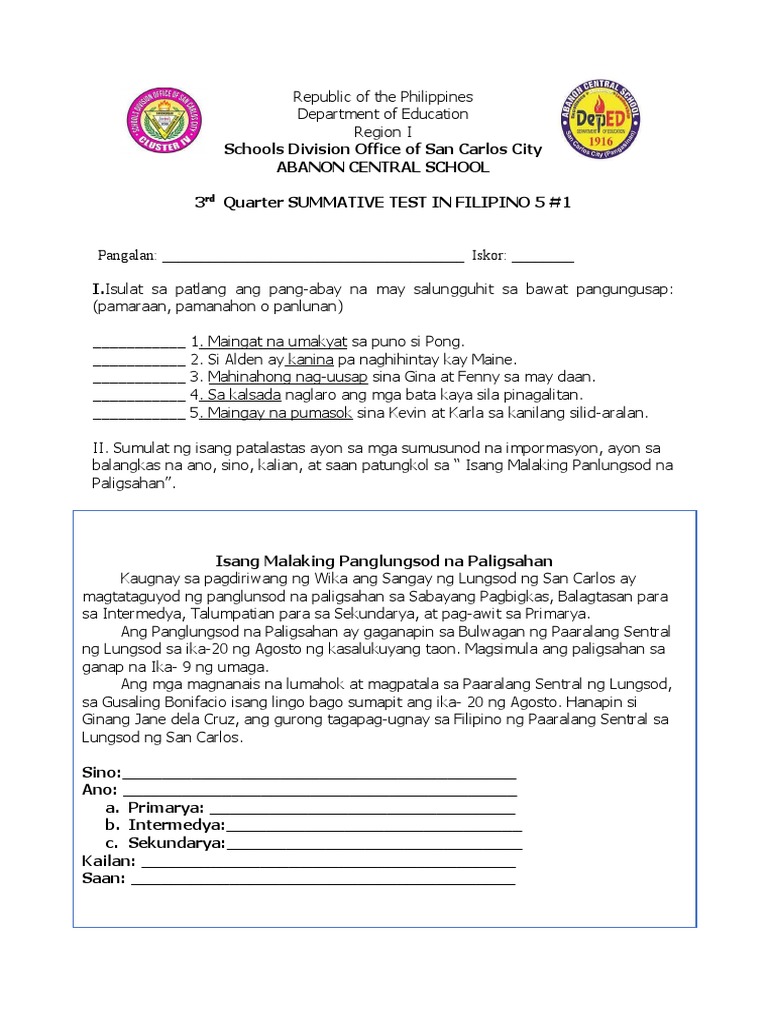 3rd Quarter Summative Test in Fil 5 #1 | PDF
